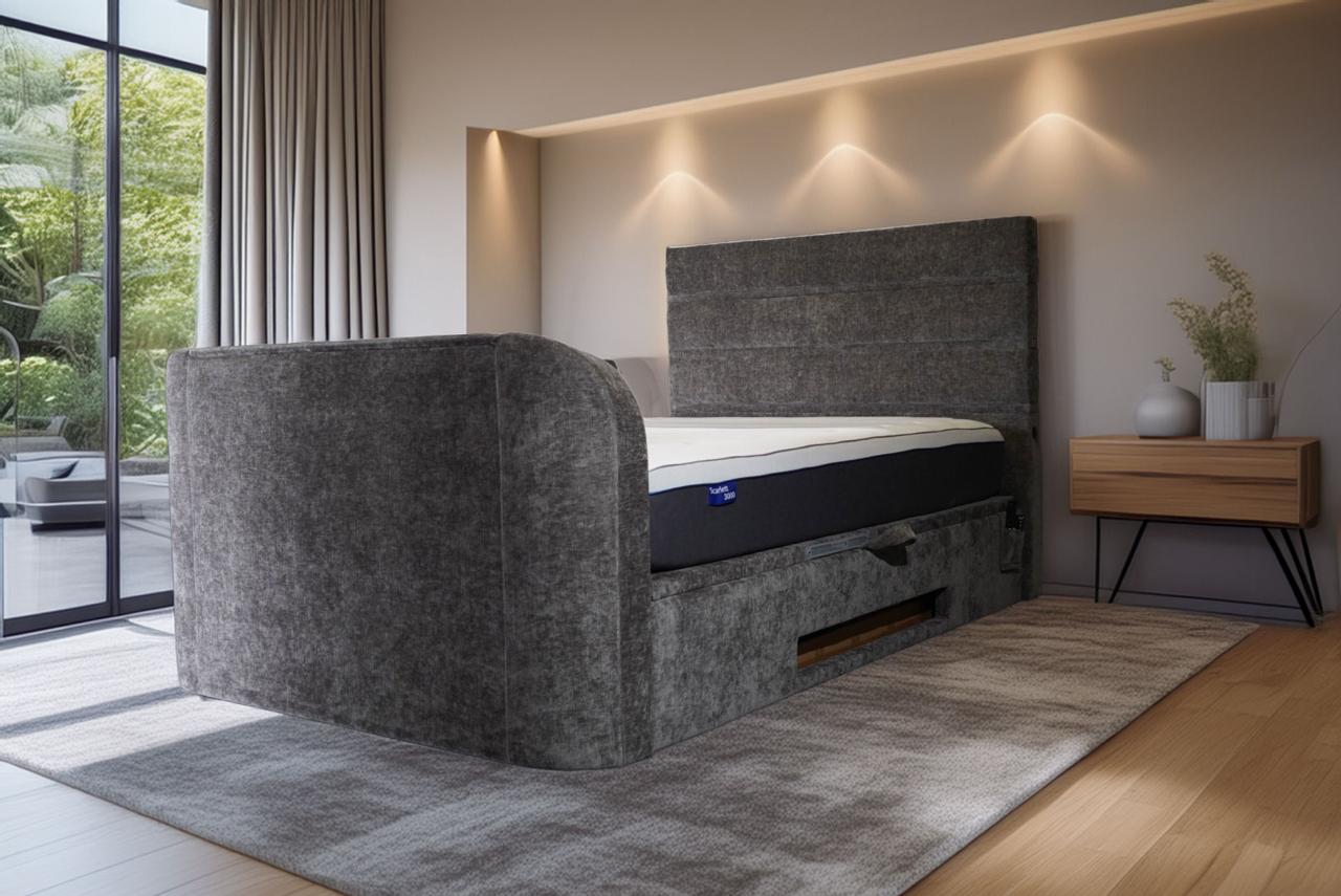 TV Bed King Size Ottoman Storage LG Smart HD TV 2.1 Sound Grey Fabric ...