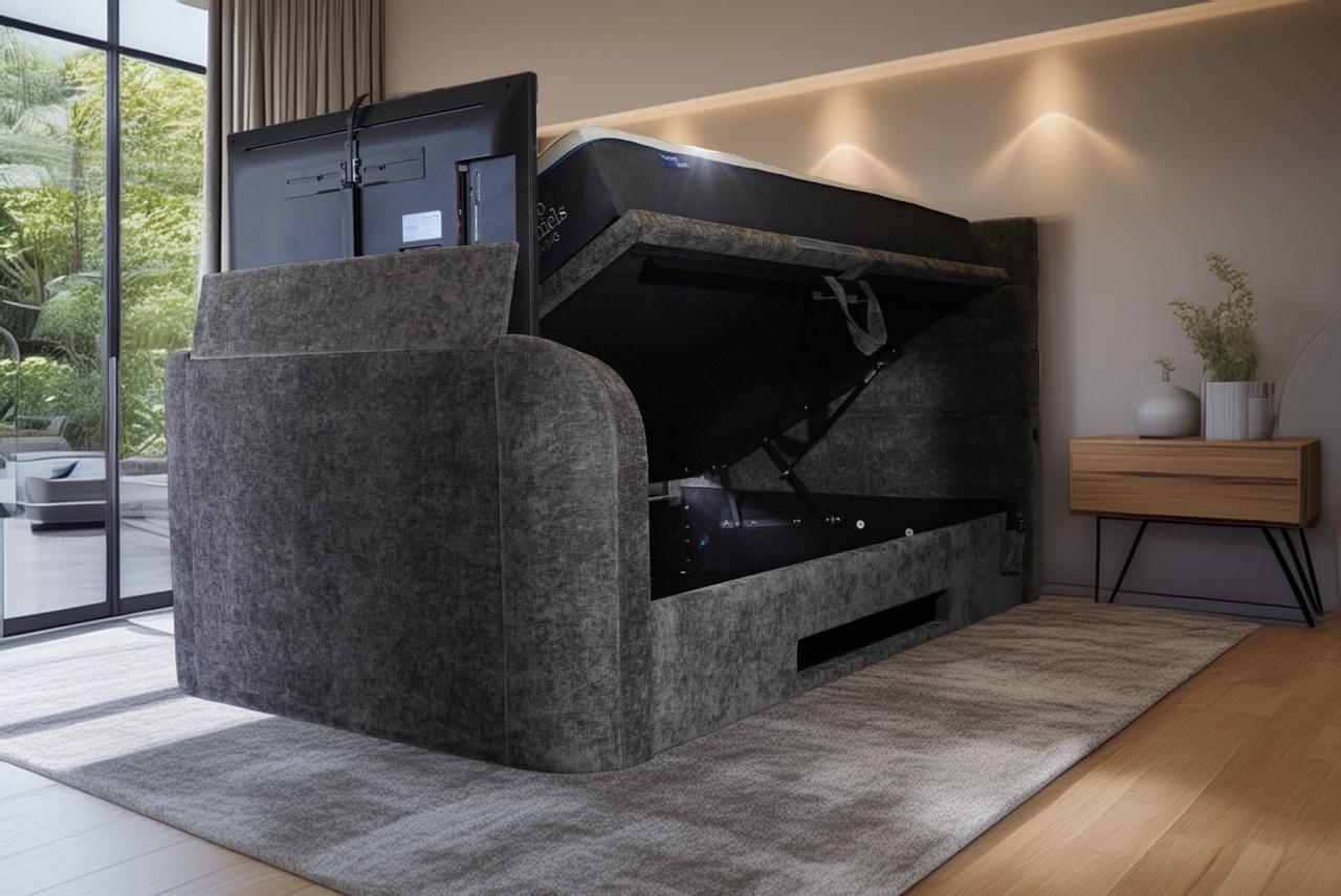 TV Bed King Size Ottoman Storage LG Smart HD TV 2.1 Sound Grey Fabric ...